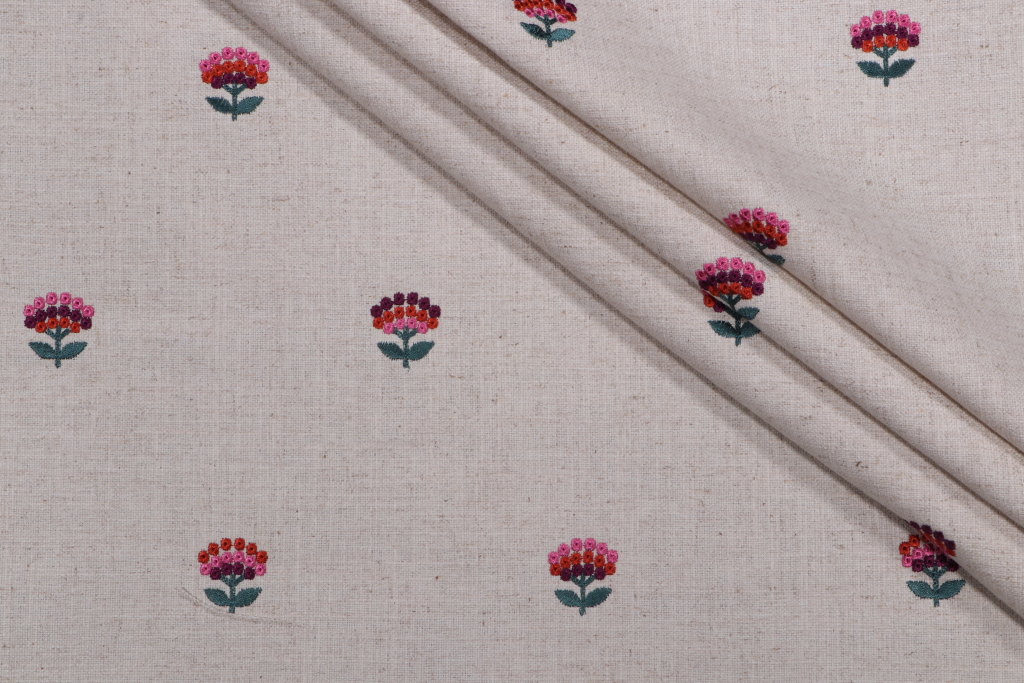 Montefalco Embroidered Drapery Fabric in Fuchsia/Rose