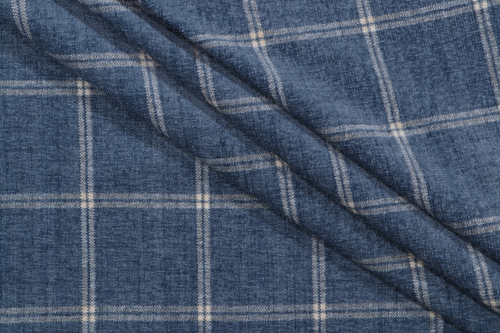 7.8 Yards Window Pane Plaid Chenille Upholstery Fabric in Blue Moon