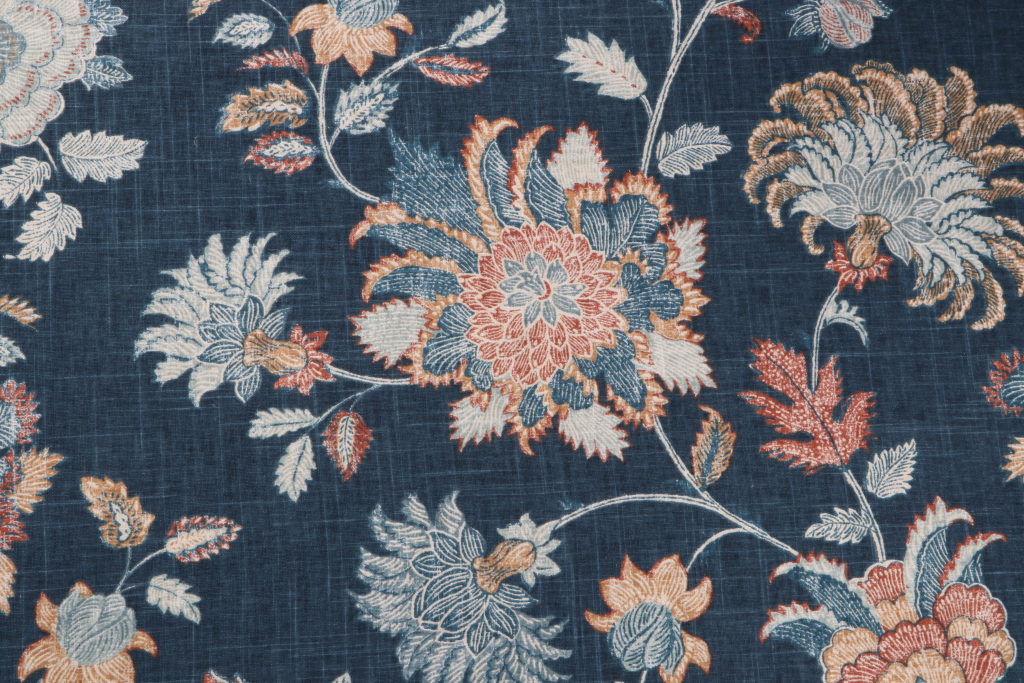 0.75 Yards Richloom Bronte Printed Linen Blend Drapery Fabric in Indigo