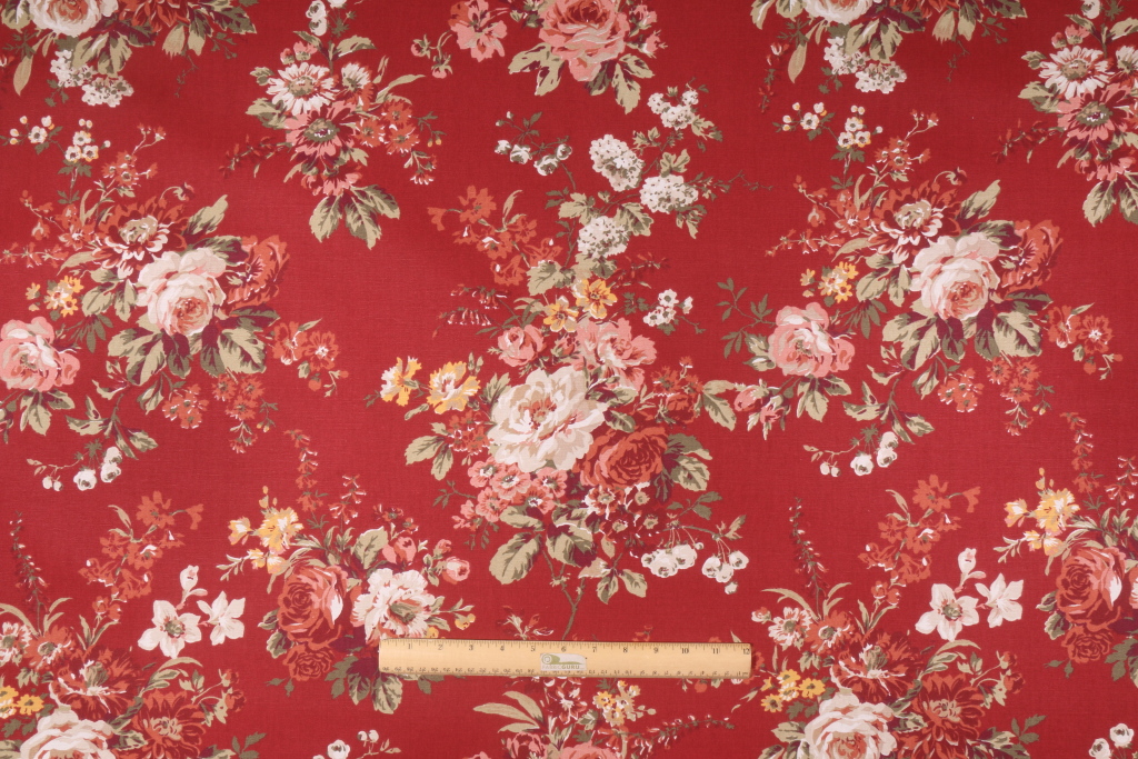 Waverly Rose Floral Printed Cotton Drapery Fabric in Red