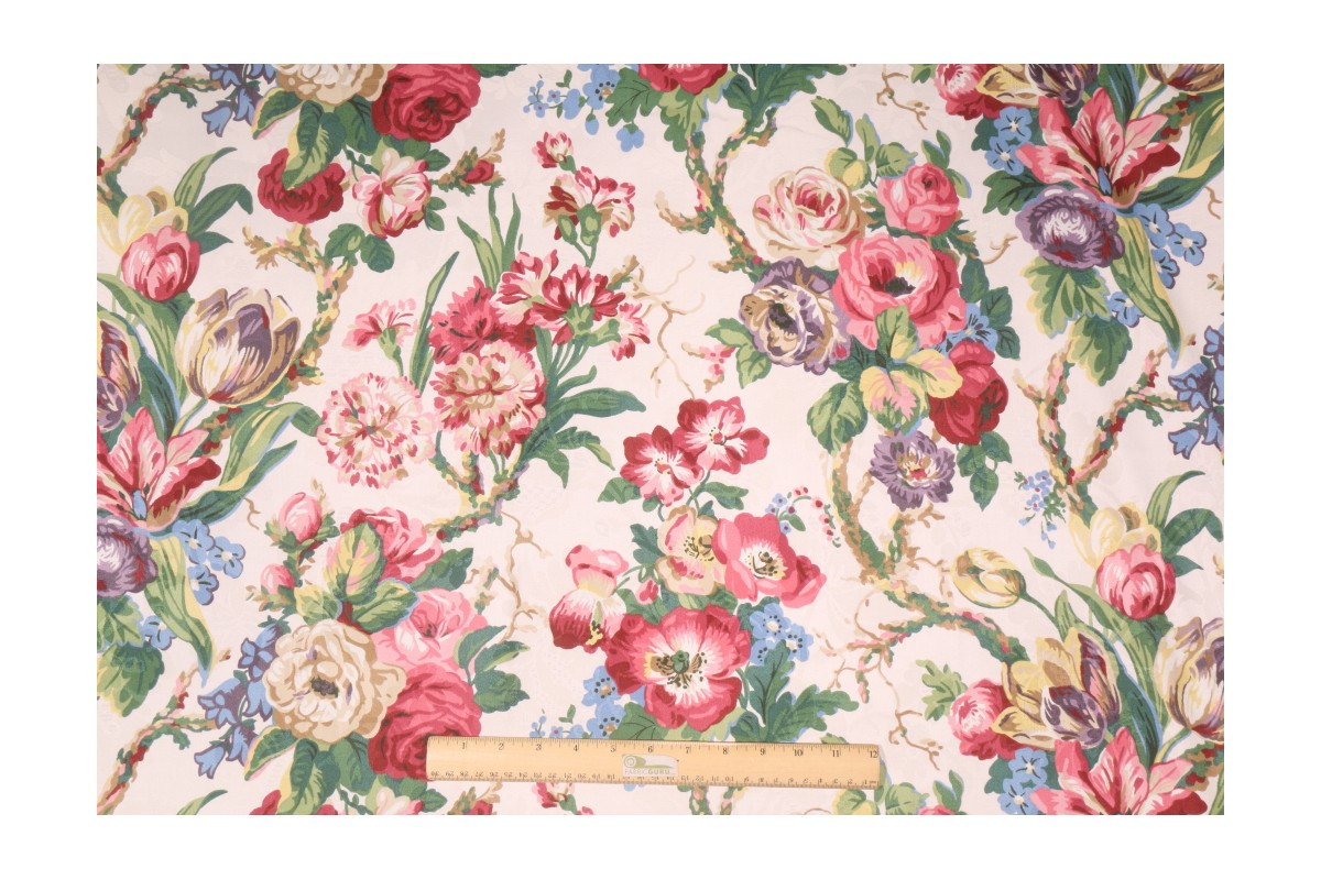 Rose Garden Printed Cotton Jacquard Drapery Fabric in Multi