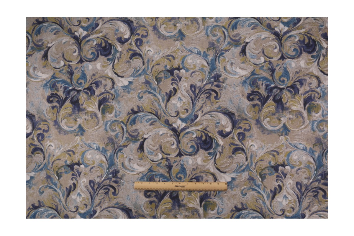 Vilber Boki-16477 Scrollwork Spanish Printed Drapery Fabric in Blue/Green