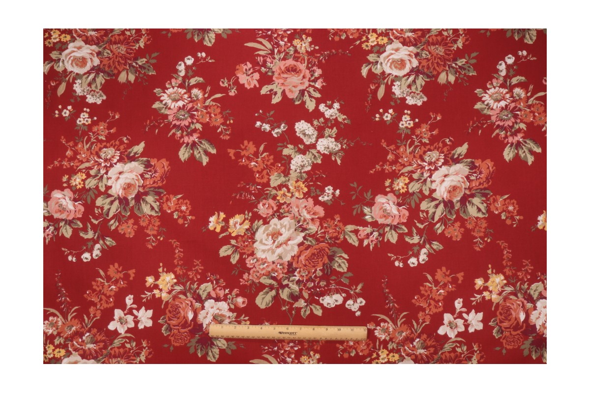 Waverly Rose Floral Printed Cotton Drapery Fabric in Red