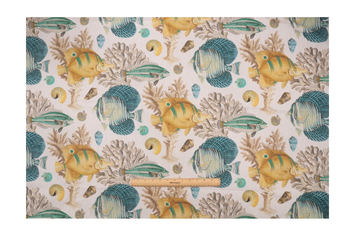 Stof Fabrics Discus Printed Cotton Drapery Fabric in Bleu