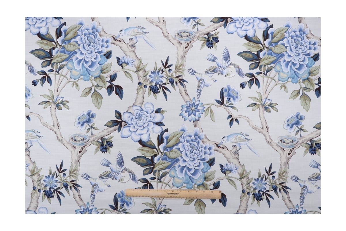 Waverly Mudan Printed Cotton Drapery Fabric in Porcelain