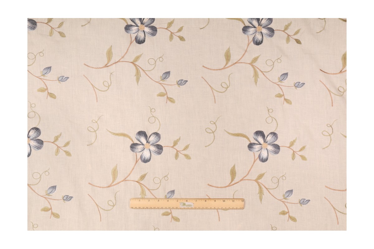 Floral Embroidered Linen Decorator Fabric in Harbor