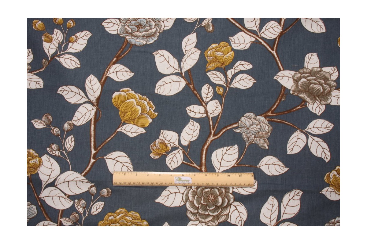 Robert Allen Leda Peony Printed Cotton Drapery Fabric in Midnight