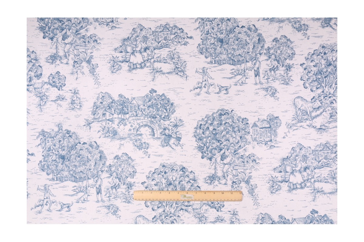 Toile Printed Cotton Drapery Fabric in Blue
