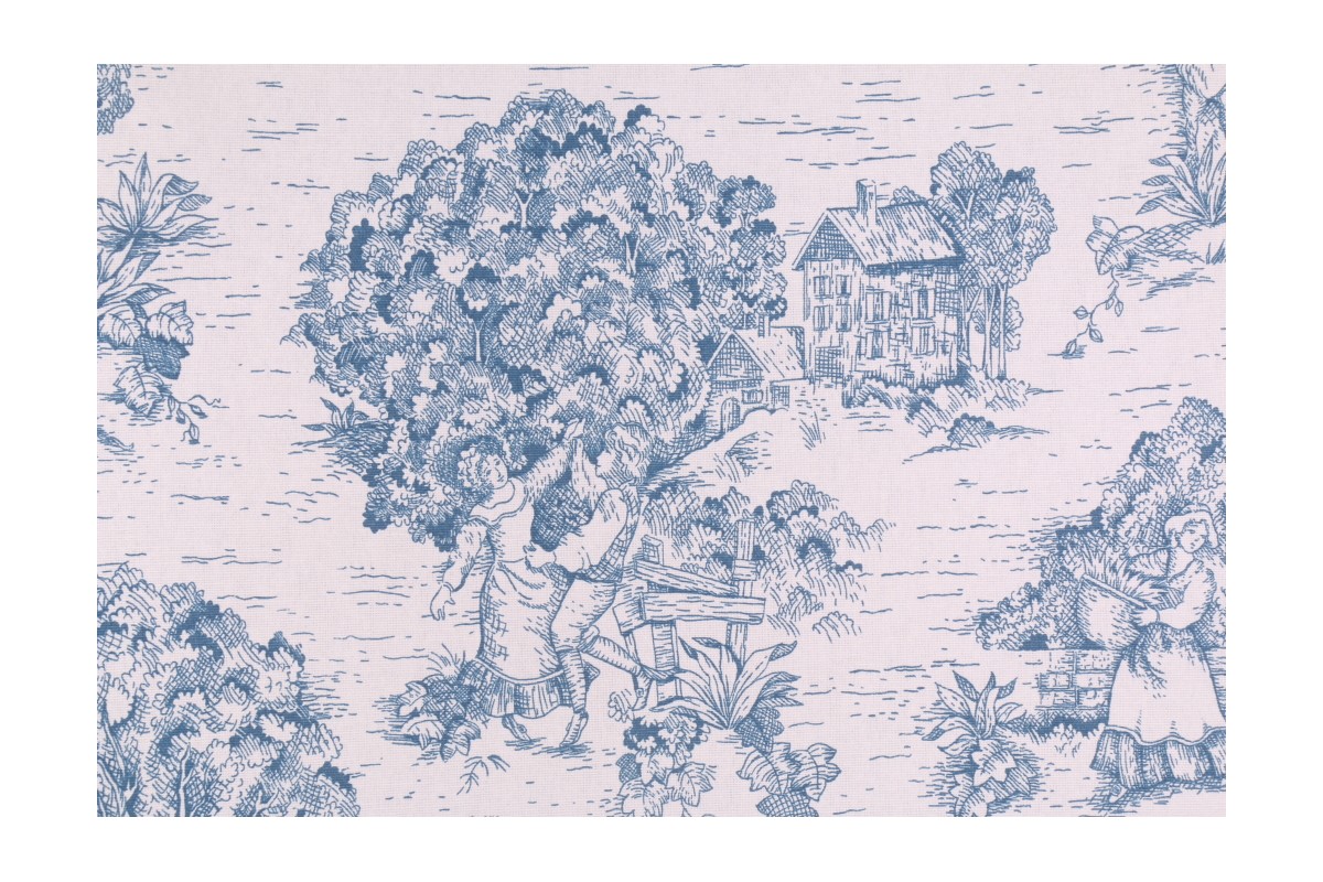 Toile Printed Cotton Drapery Fabric in Blue