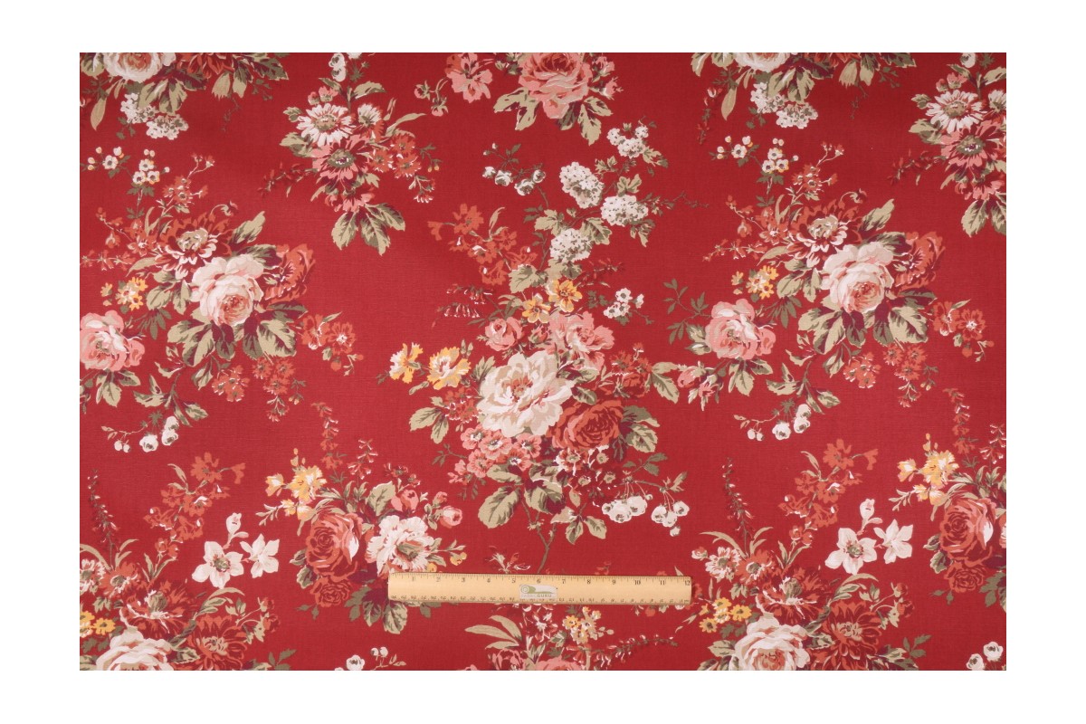 Waverly Rose Floral Printed Cotton Drapery Fabric in Red
