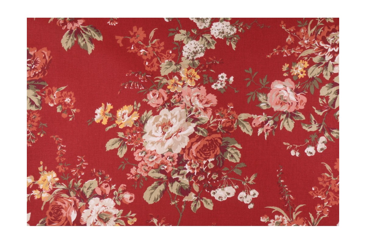 Waverly Rose Floral Printed Cotton Drapery Fabric in Red