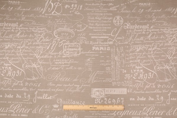 Lacefield Script Printed Cotton Drapery Fabric in Linen