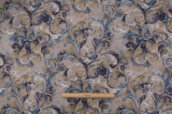 Vilber Boki-16477 Scrollwork Spanish Printed Drapery Fabric in Blue/Green