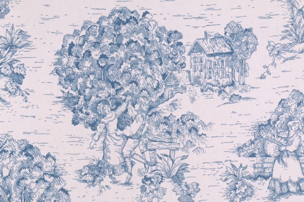 Toile Printed Cotton Drapery Fabric in Blue